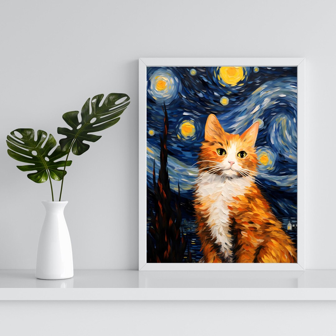 Starry Night Cat Ginger Cat Wall Art Modern Home Decor Printable Wall ...