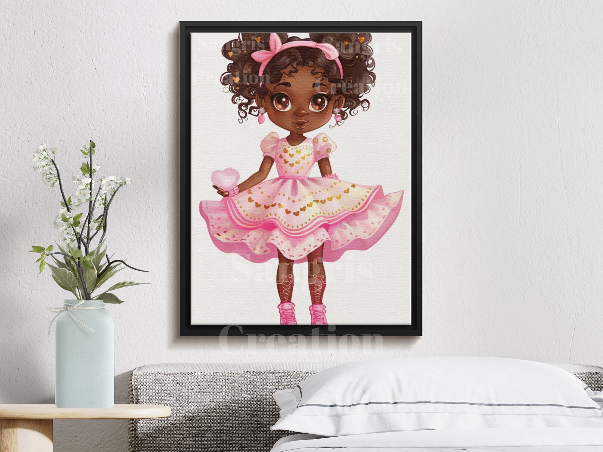 Cute Cartoon Melanin Girl Digital Clipart, Pink Dress Character ...