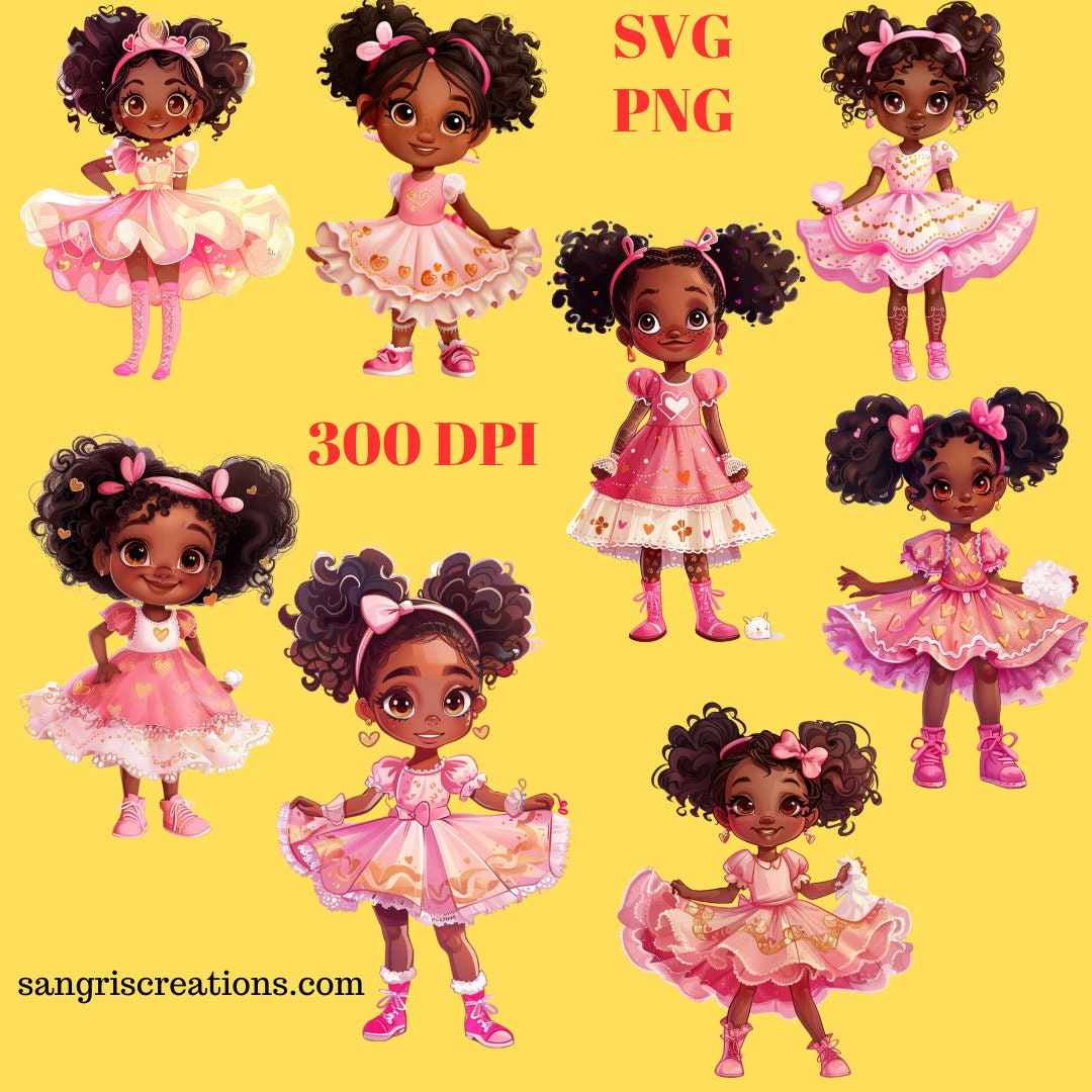 Cute Cartoon Melanin Girl Digital Clipart, Pink Dress Character ...
