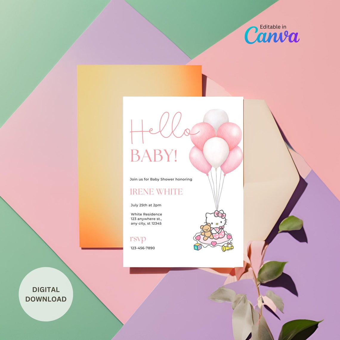 Pink Kitty Baby Shower Invitation Balloons Baby Shower Girl Shower ...