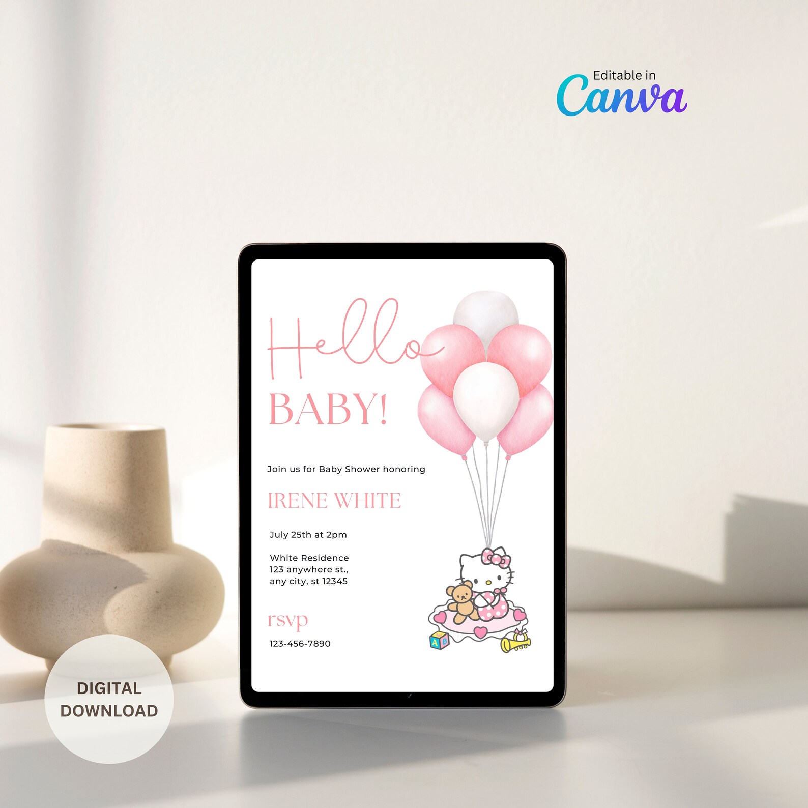 Pink Kitty Baby Shower Invitation Balloons Baby Shower Girl Shower ...