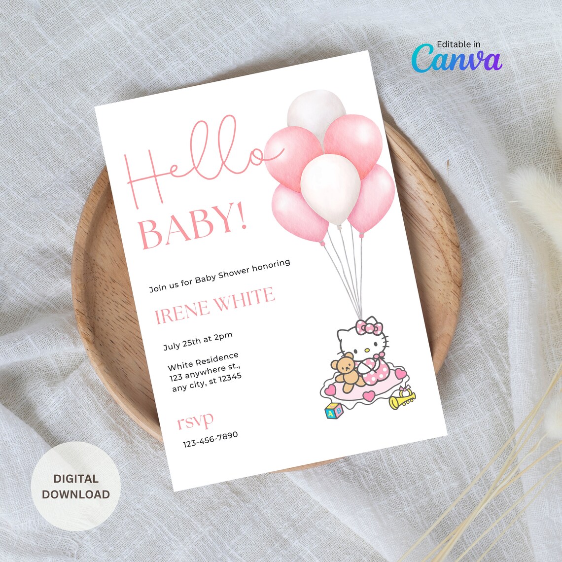 Pink Kitty Baby Shower Invitation Balloons Baby Shower Girl Shower ...