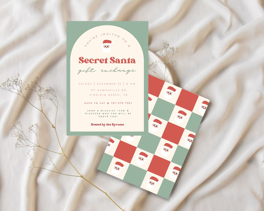 Retro Secret Santa Party Invitation, Christmas Gift Exchange Invite Template, Editable Holiday ...