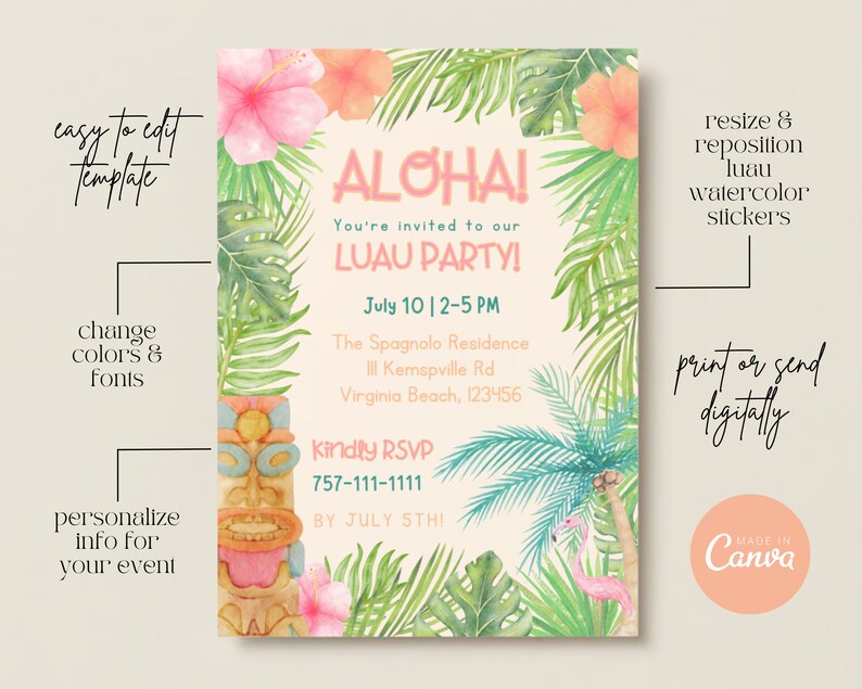 Luau Party Invitation and Place Cards, Luau Event Stationery Set, Tropical Editable Evite ...