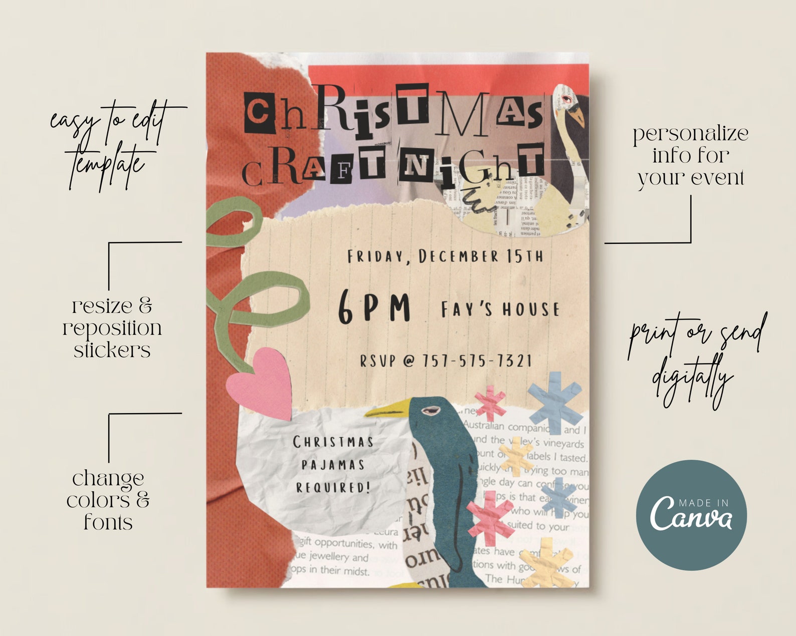 Christmas Craft Night Invitation Template, Holiday Pajama Party Invite ...