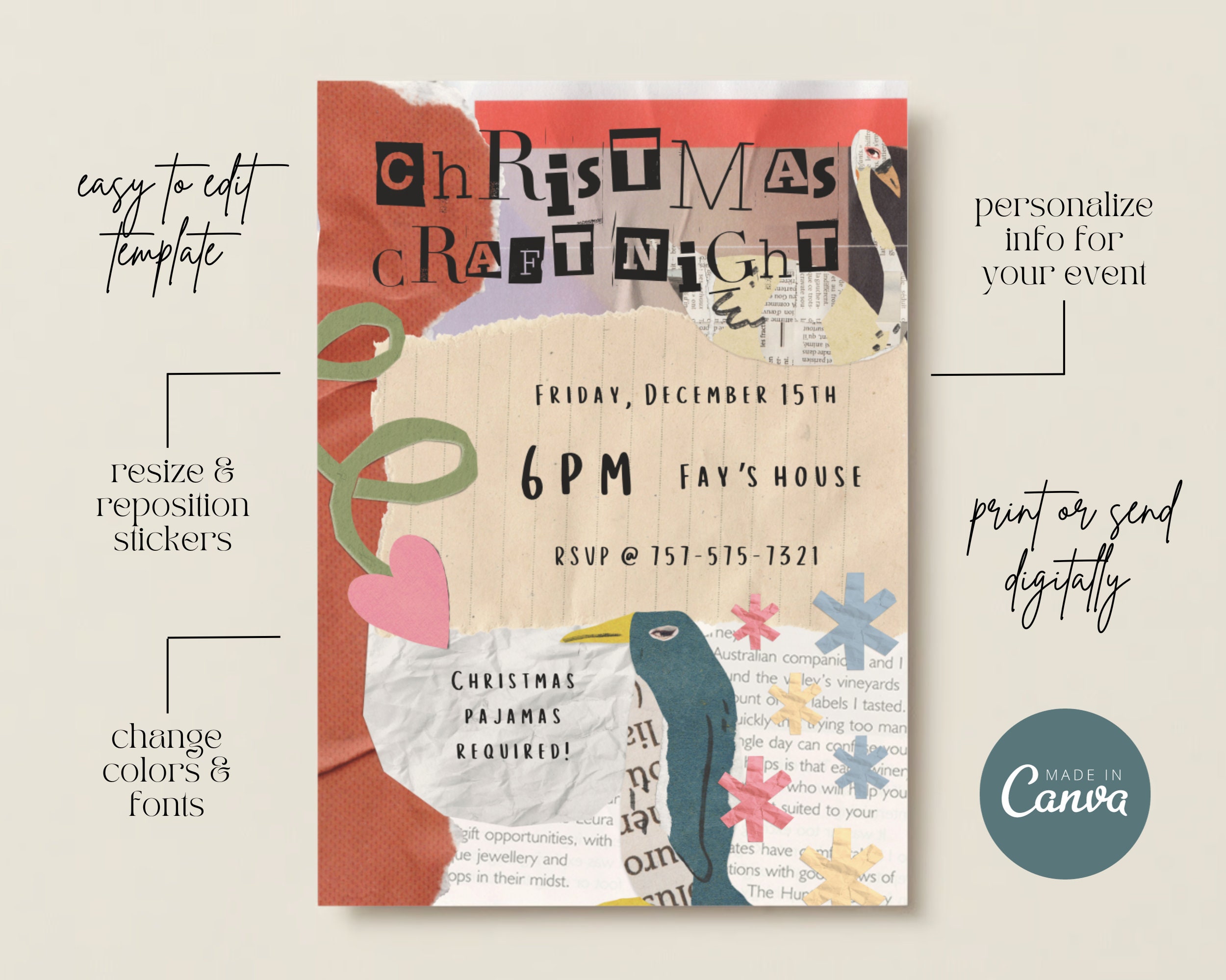 Christmas Craft Night Invitation Template, Holiday Pajama Party Invite ...