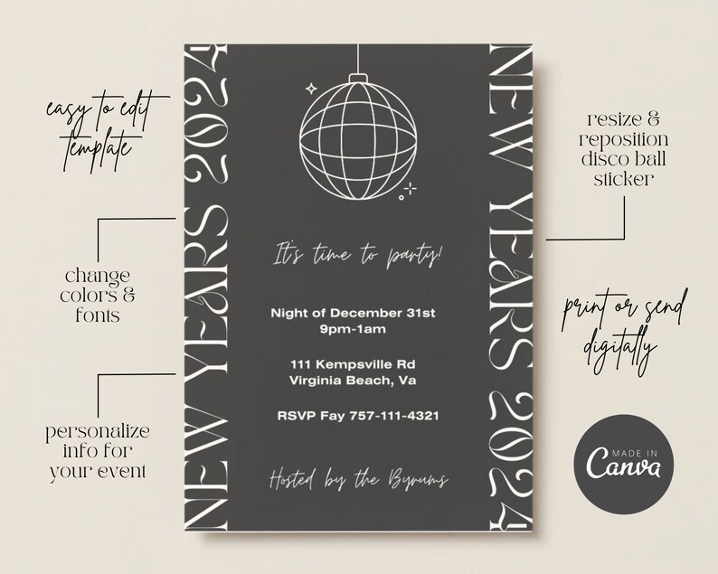 New Year's Eve Party Invitation Template, Disco Ball New Year's Invite ...