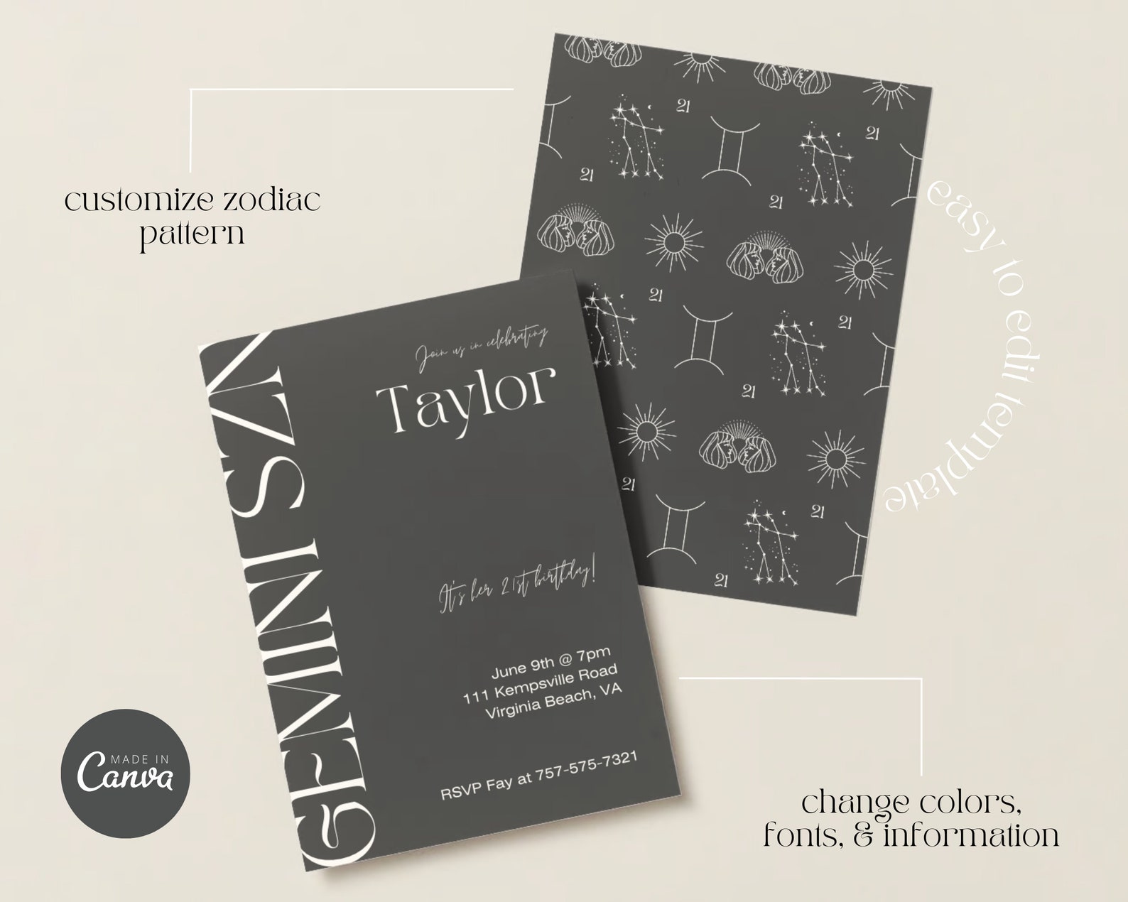 Gemini Season Birthday Invitation, Zodiac Horoscope Editable, Birthday ...