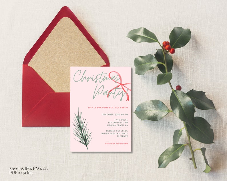 Christmas Party Invitation, Modern Pink and Red Holiday Invite Template ...