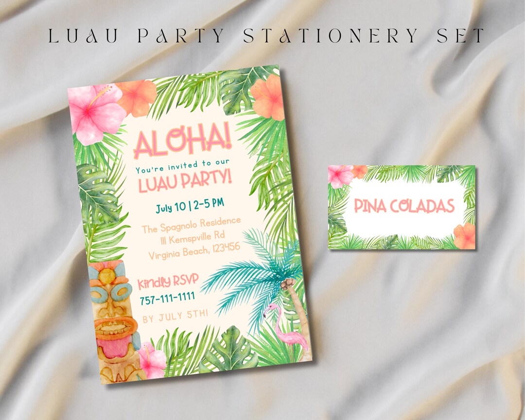 Luau Party Invitation and Place Cards, Luau Event Stationery Set ...