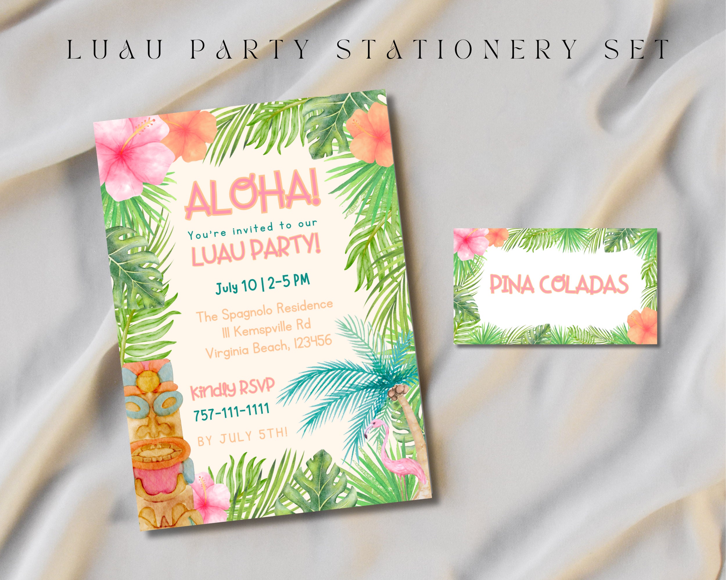 Luau Party Invitation and Place Cards, Luau Event Stationery Set, Tropical Editable Evite ...