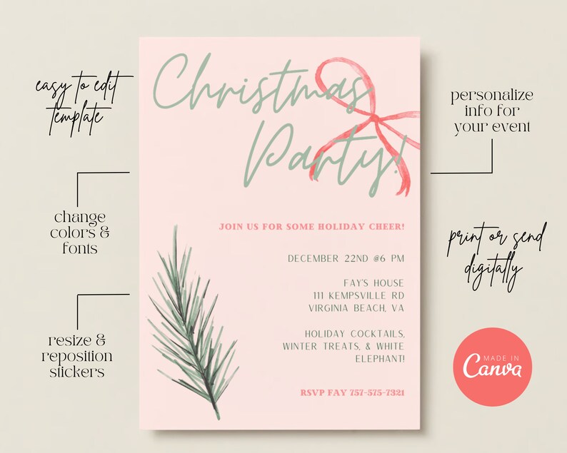 Christmas Party Invitation, Modern Pink and Red Holiday Invite Template ...