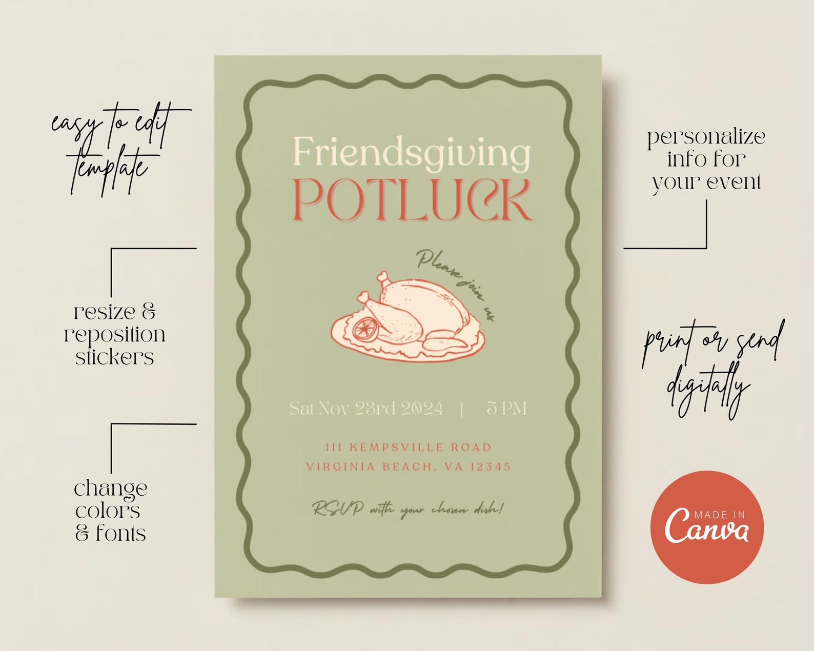 Modern Friendsgiving Potluck Invitation Template, Editable Dinner Party ...