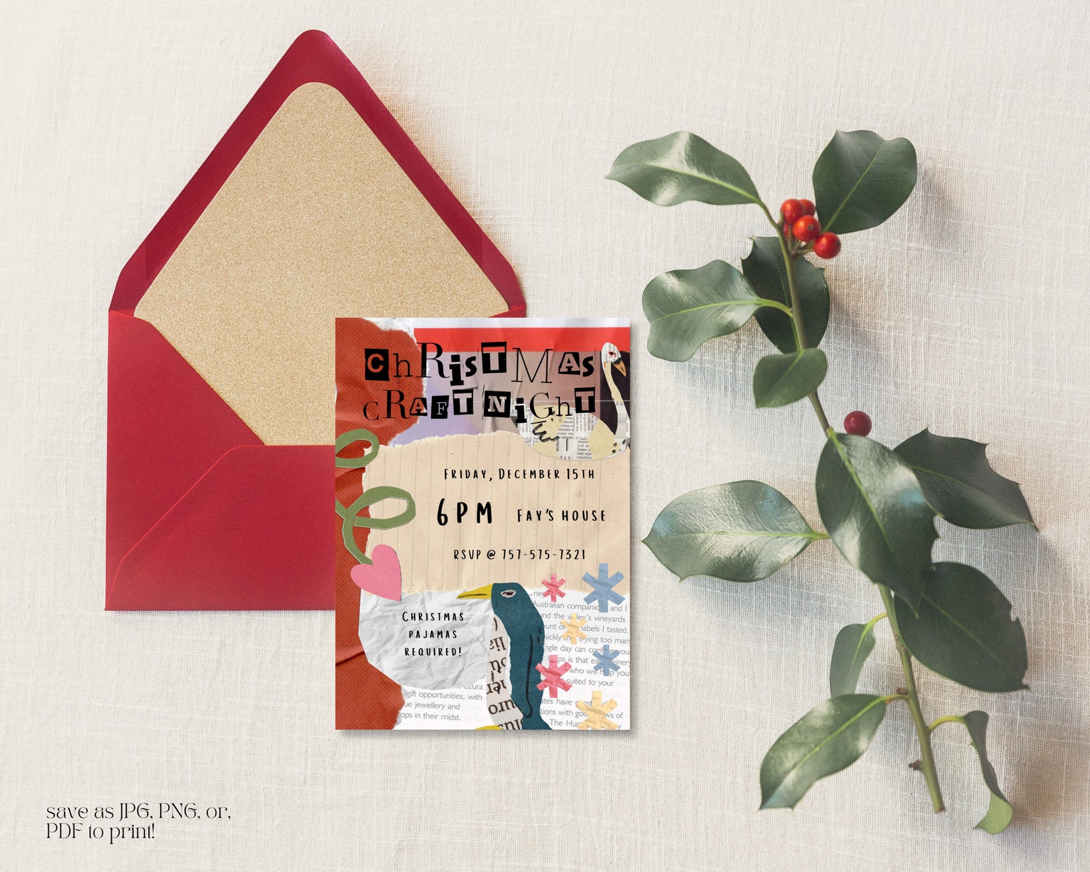 Christmas Craft Night Invitation Template, Holiday Pajama Party Invite ...