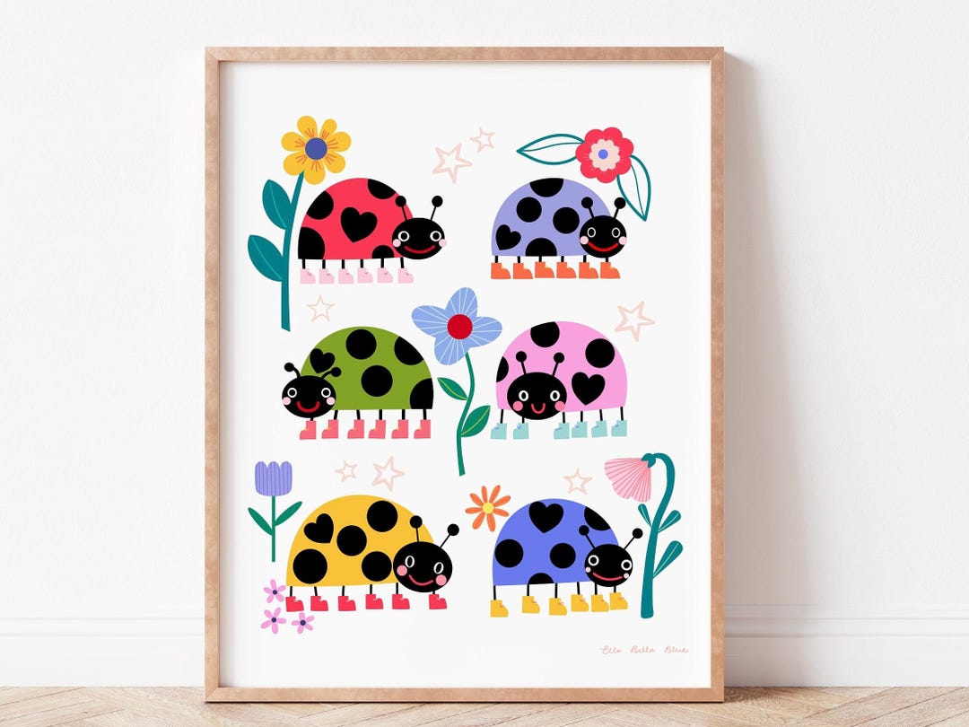 Ladybug Love Digital Children’s Bedroom Decor and Wall Art, Bright ...