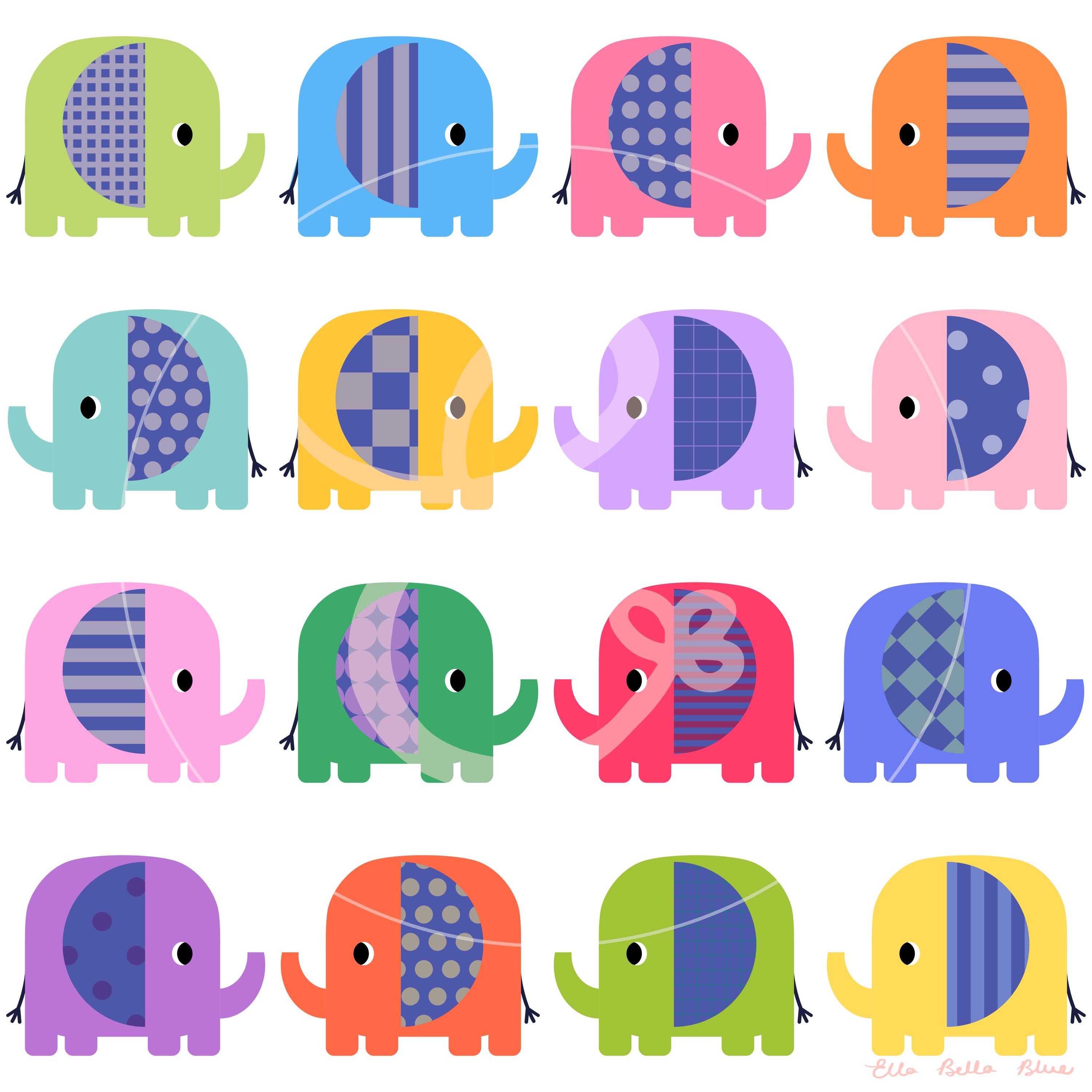 Elephant Walk Colourful Wall Decor Digital Print, Fun Bright Rainbow ...