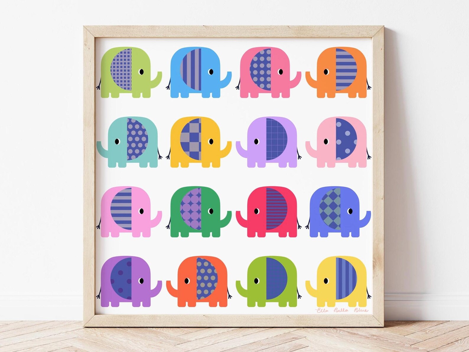 Elephant Walk Colourful Wall Decor Digital Print, Fun Bright Rainbow ...