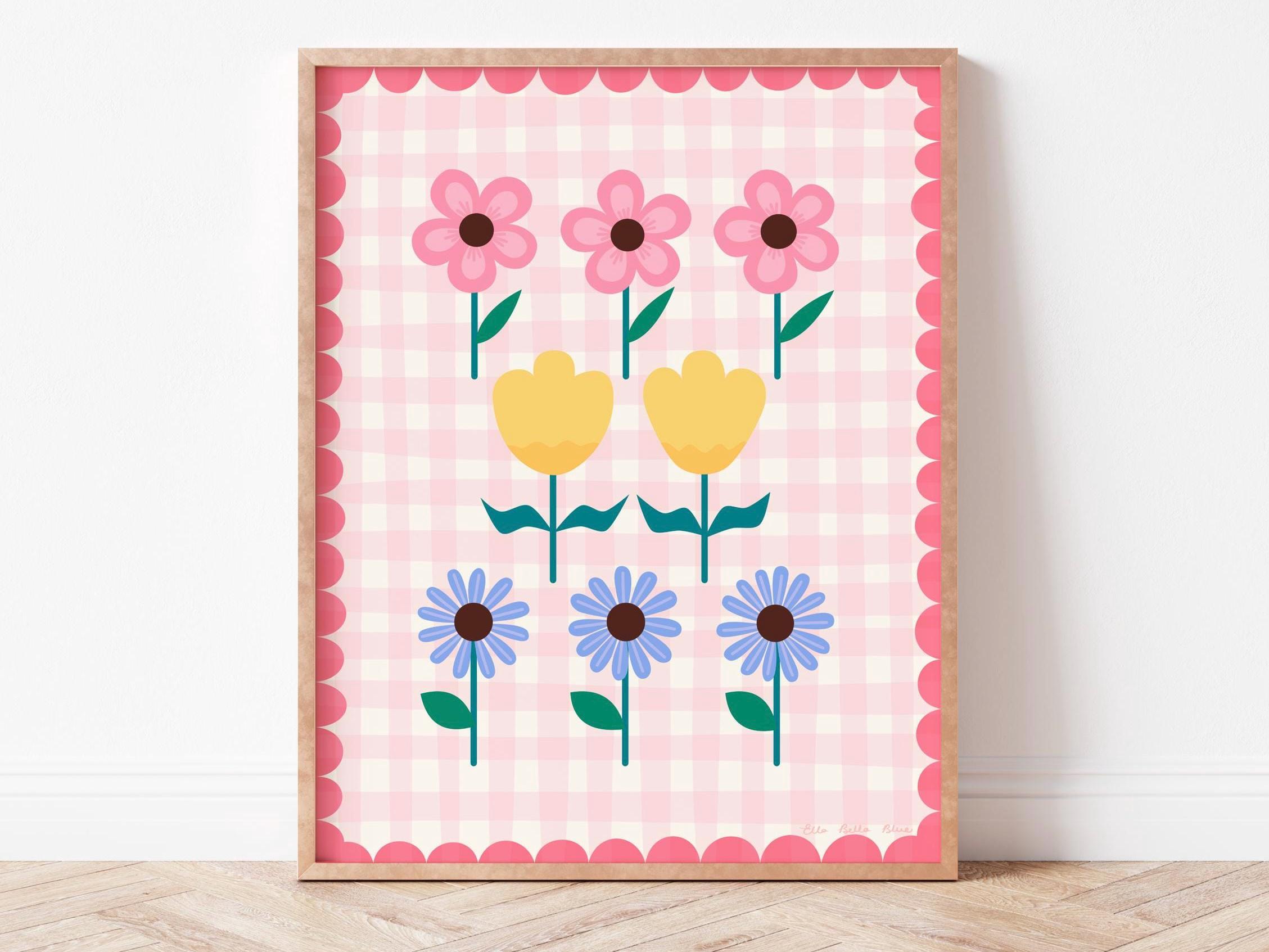 Pink Gingham Floral Nursery Printable — Cute Flower Wall Art for Baby ...