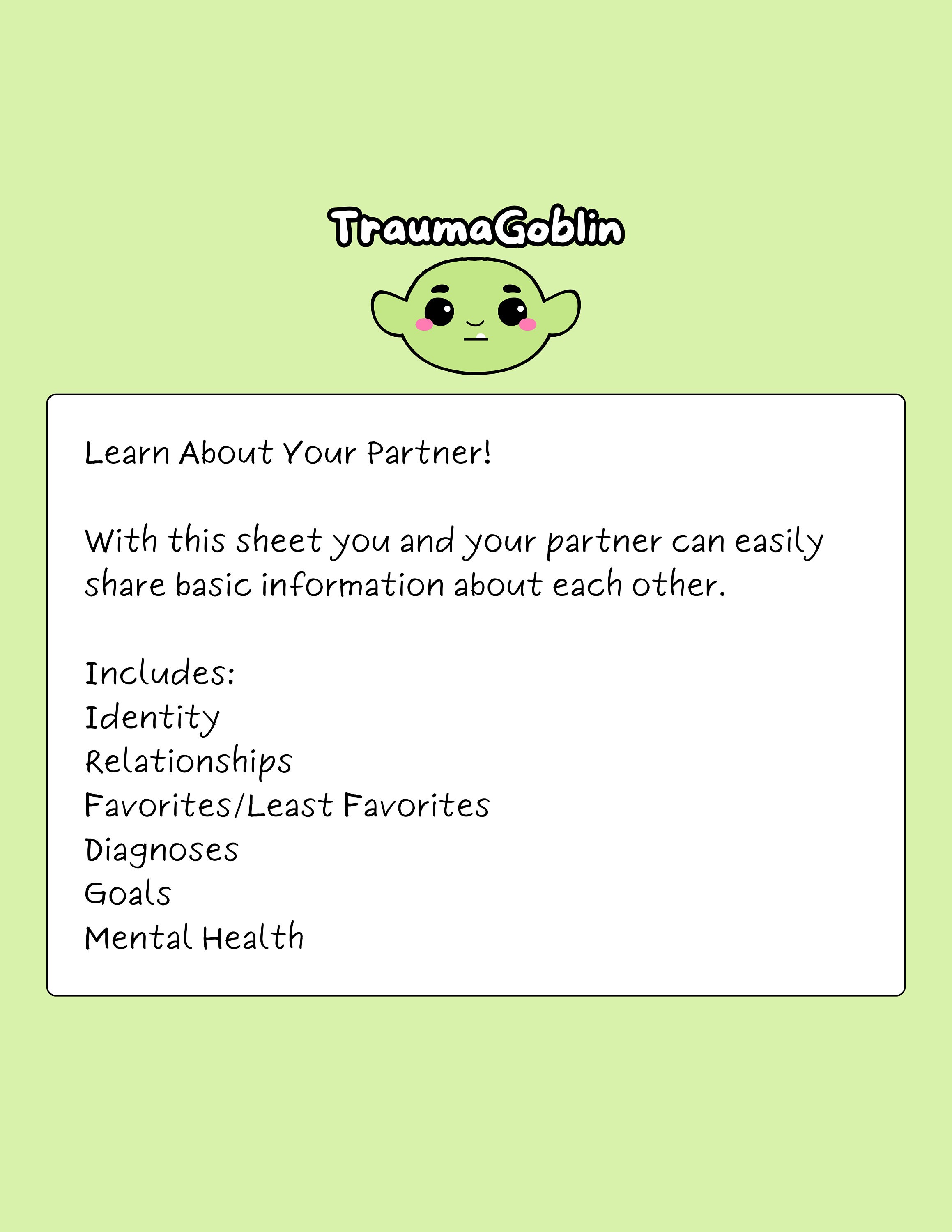 Learn About Your Partner Sheet | Relationship Dynamics | Connection ...