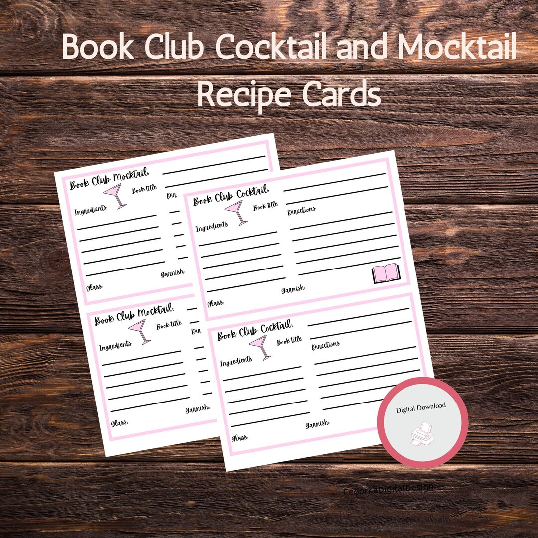 Book Club Cocktail & Mocktail Recipe Cards Pink - Etsy