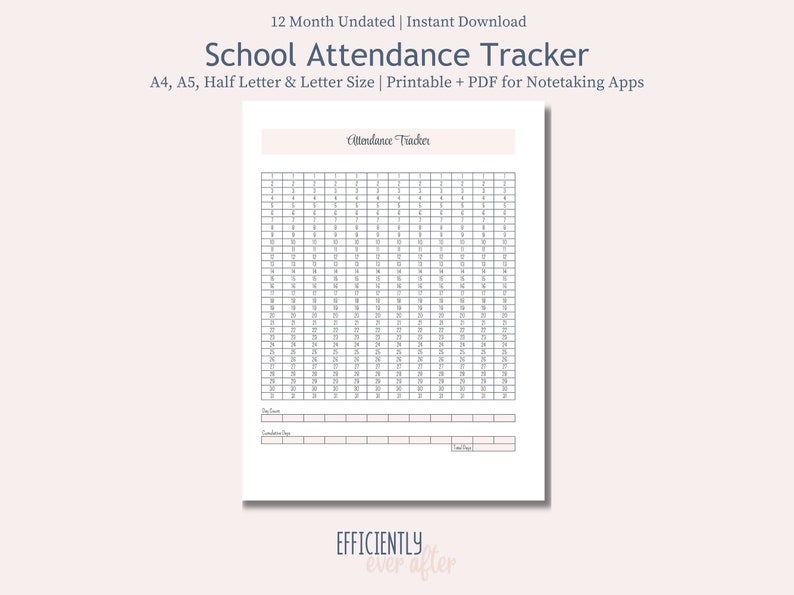 Undated School Attendance Tracker for Homeschool Attendance Log Blank ...