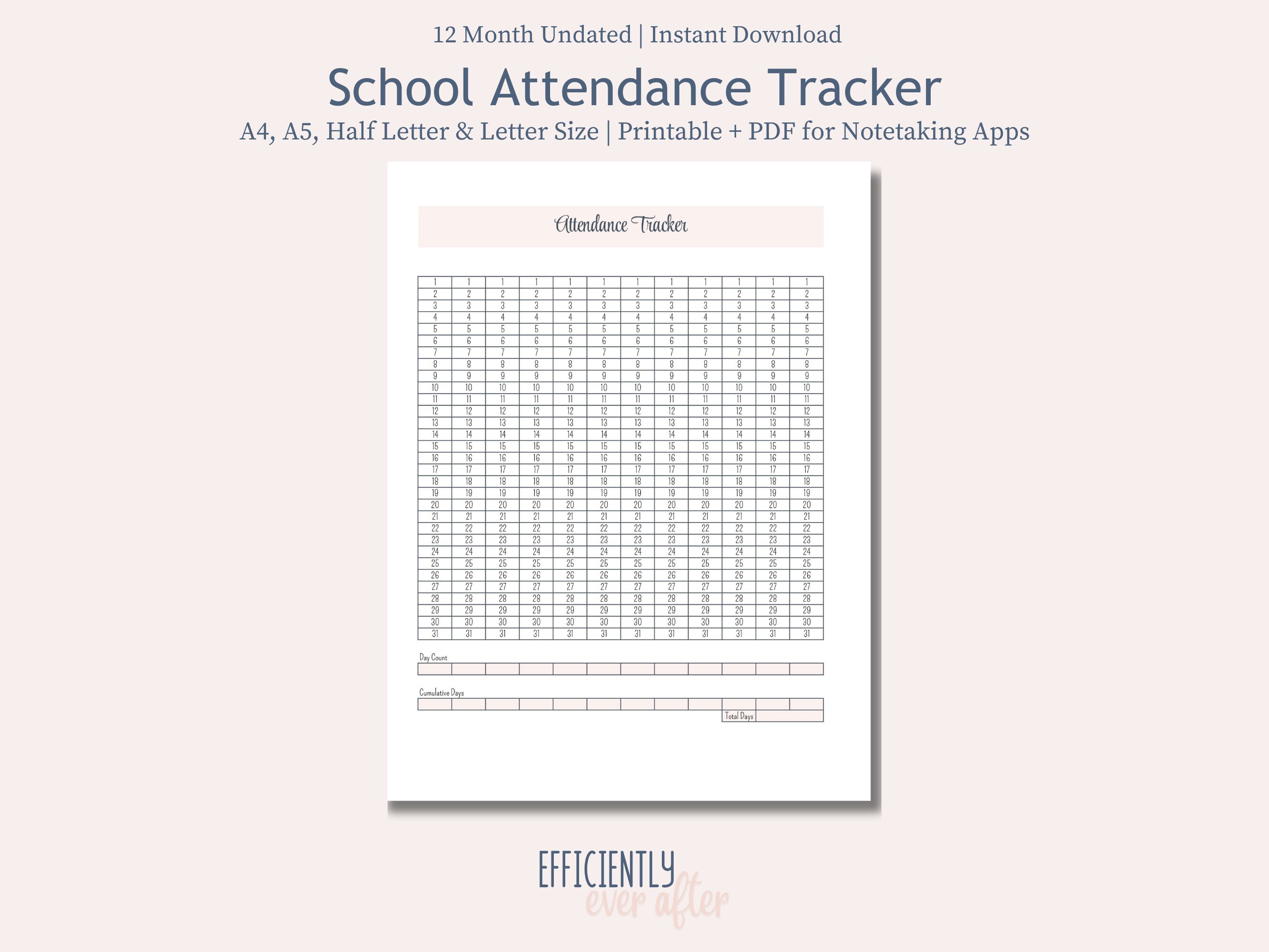 Undated School Attendance Tracker for Homeschool Attendance Log Blank ...