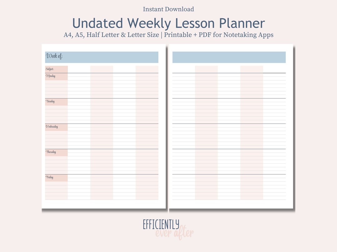 Undated Weekly Lesson Planner Printable Homeschool Planner Printable ...