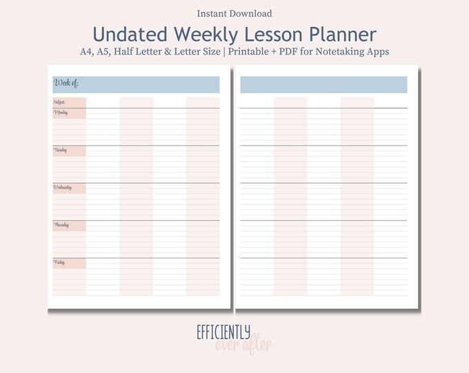 Undated Weekly Planner Printable Subject Planner Teacher Planner ...