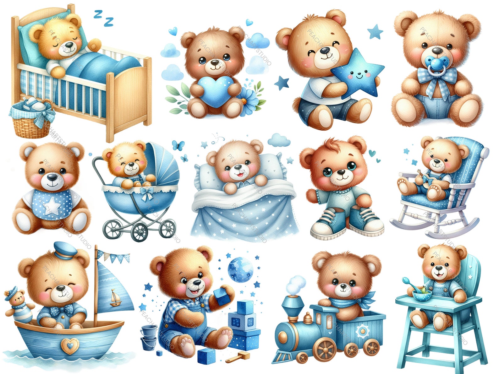 Watercolor Blue Teddy Bear Clipart Baby Shower, Cute Teddy Bear, Blue ...