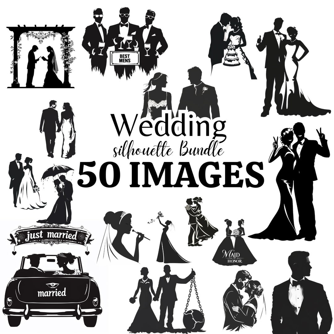 Wedding Clipart Svg Bundle - 50 Bride and Groom Silhouette Svg. Wedding ...