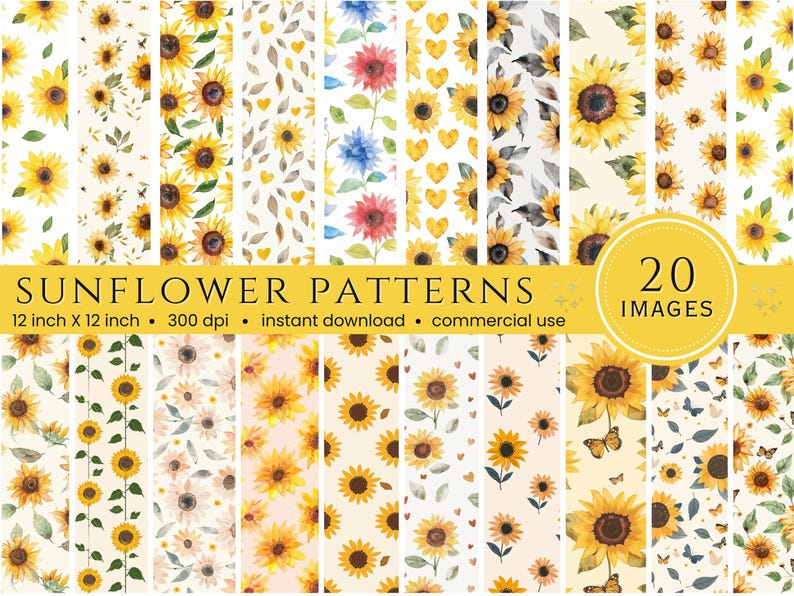 Watercolor Sunflowers Digital Paper - 20 Seamless Autumn Fall Summer ...