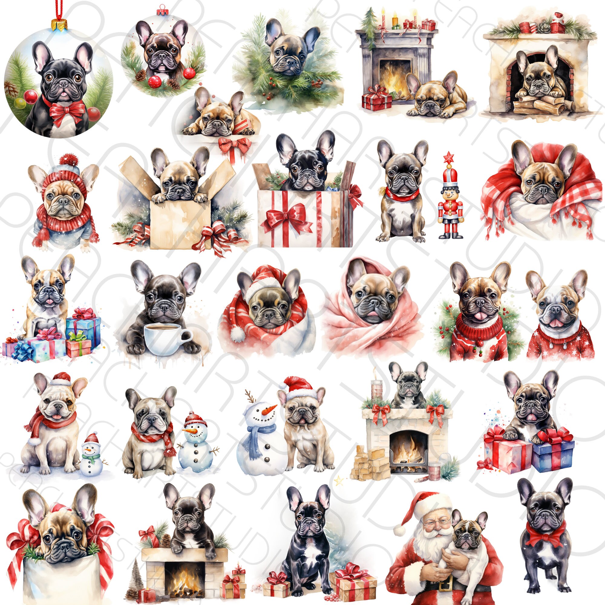 Christmas Dogs Watercolor Clipart Bundle- 90 PNG Festive French Bulldog ...