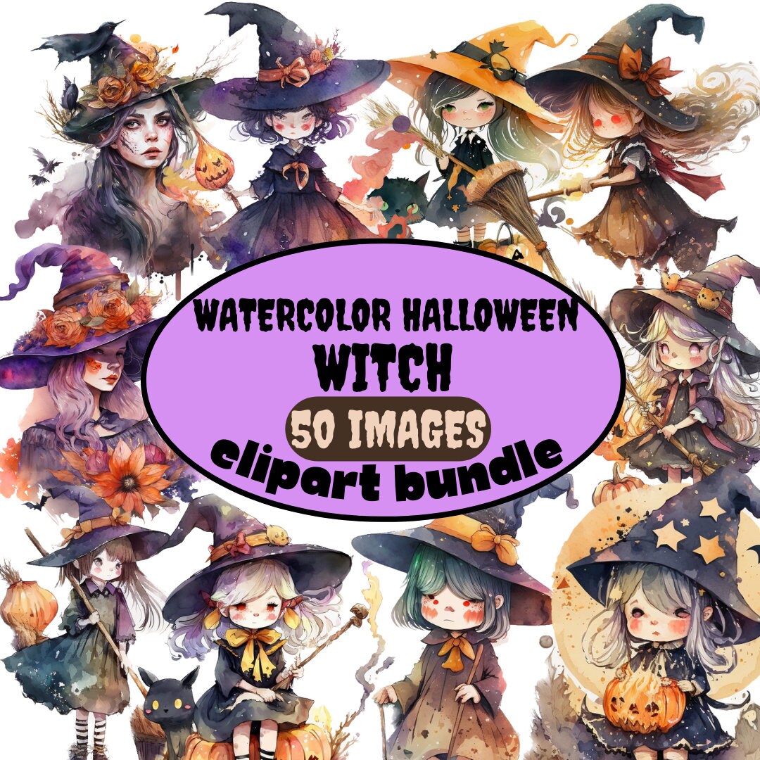Halloween Watercolor Witch Clipart Bundle - 50 Designs, Cute Halloween ...