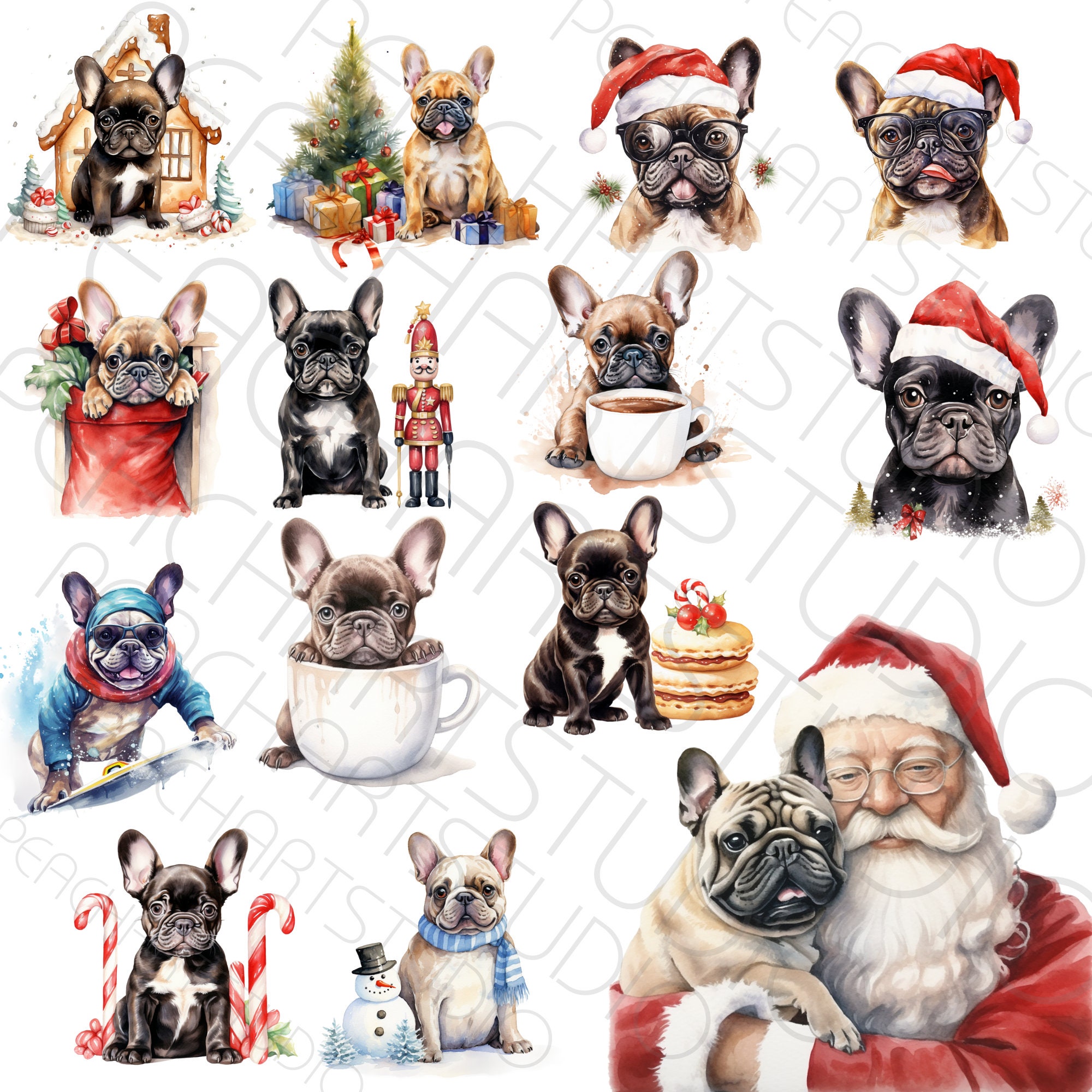 Christmas Dogs Watercolor Clipart Bundle- 90 PNG Festive French Bulldog ...