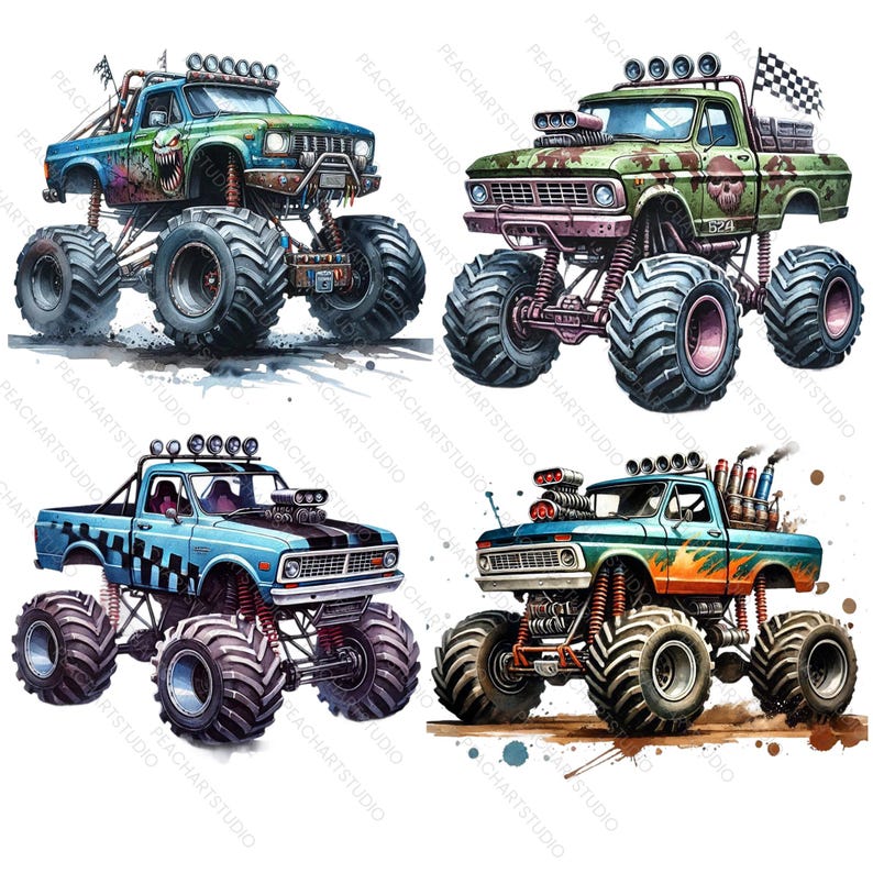 Watercolor Monster Truck Clipart Bundle - 20 Designs. Monster Truck Png ...