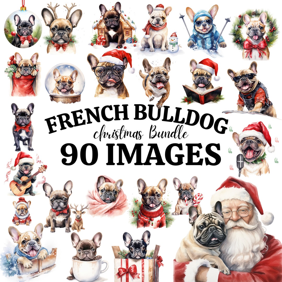 Christmas Dogs Watercolor Clipart Bundle- 90 PNG Festive French Bulldog ...