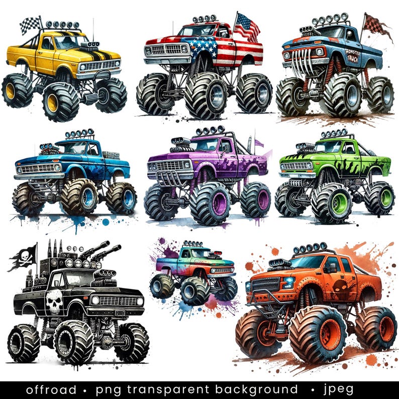Watercolor Monster Truck Clipart Bundle - 20 Designs. Monster Truck Png ...