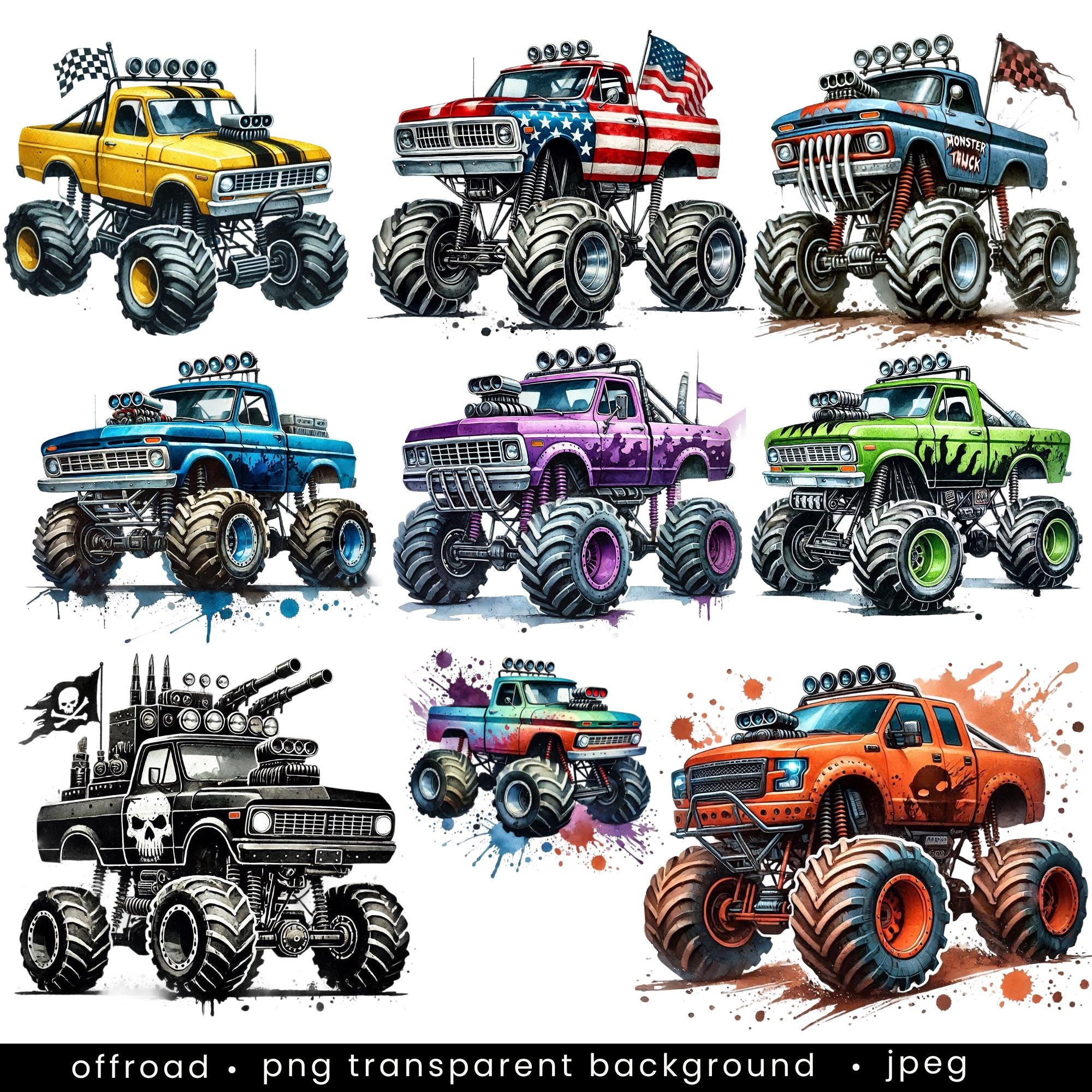 Watercolor Monster Truck Clipart Bundle - 20 Designs. Monster Truck Png ...