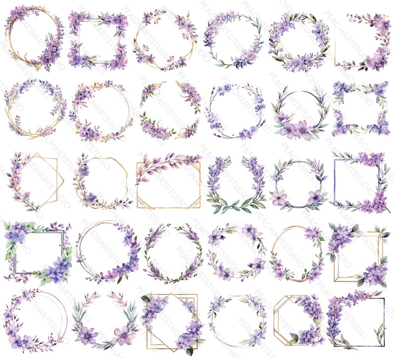 Lilac Flower Frame Watercolor Clipart Bundle - 50 Images | Purple ...