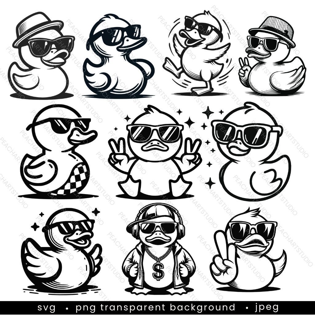 Duck With Sunglasses Svg & Png - 10 Designs, Rubber Duck Clipart, Duck ...