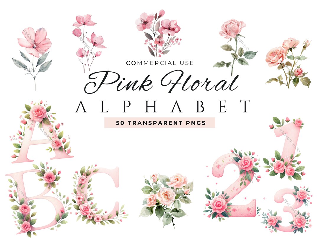 Watercolor Floral Alphabet Bundle Clipart, 50 PNG - Pink Alphabet ...