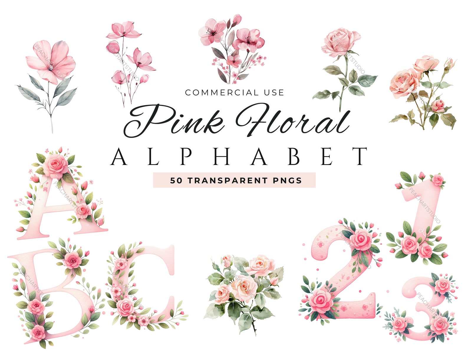 Watercolor Floral Alphabet Bundle Clipart, 50 PNG - Pink Alphabet ...