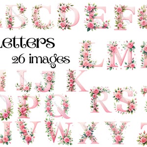 Watercolor Floral Alphabet Bundle Clipart, 50 PNG - Pink Alphabet ...