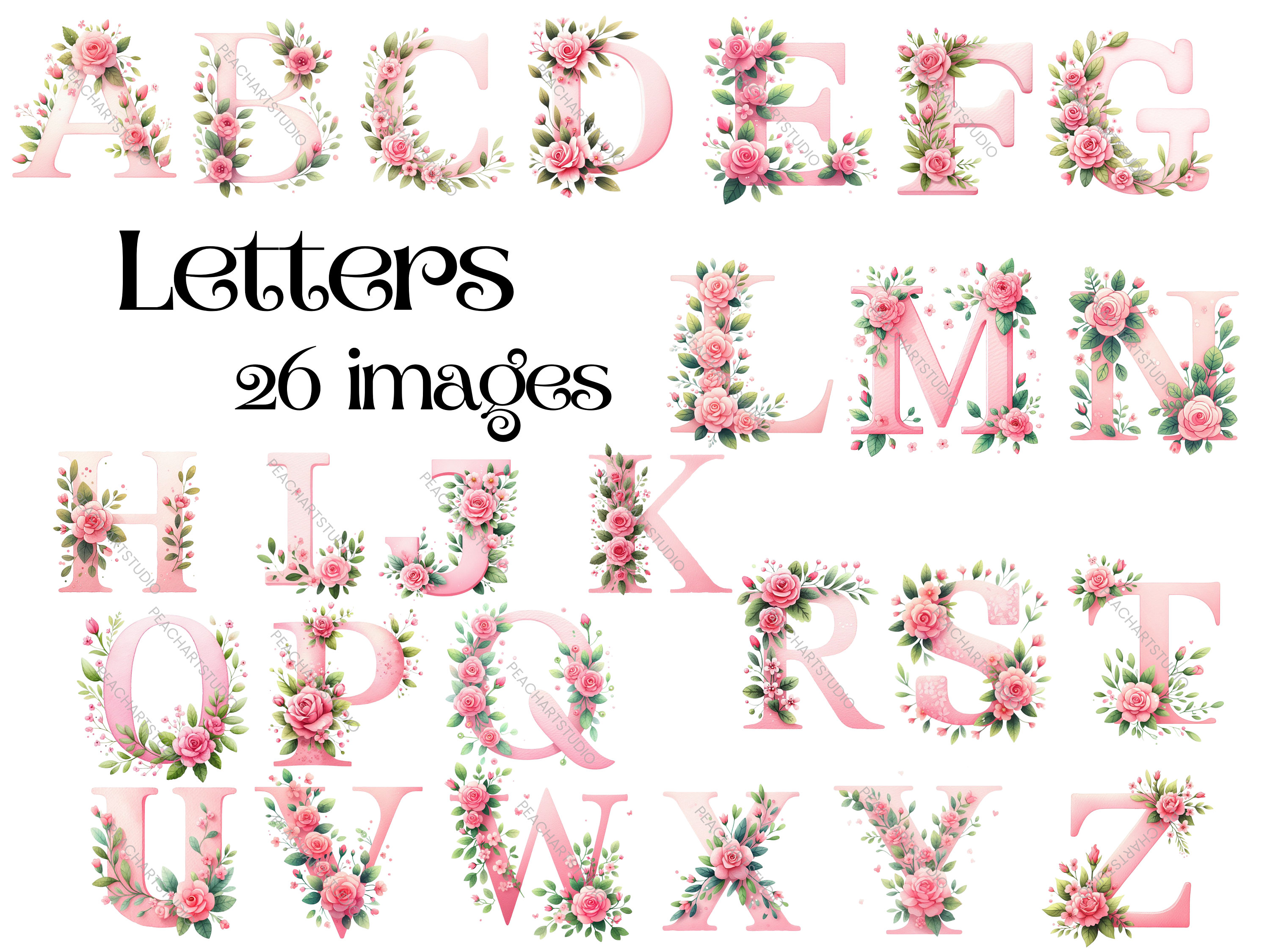 Watercolor Floral Alphabet Bundle Clipart, 50 PNG - Pink Alphabet ...