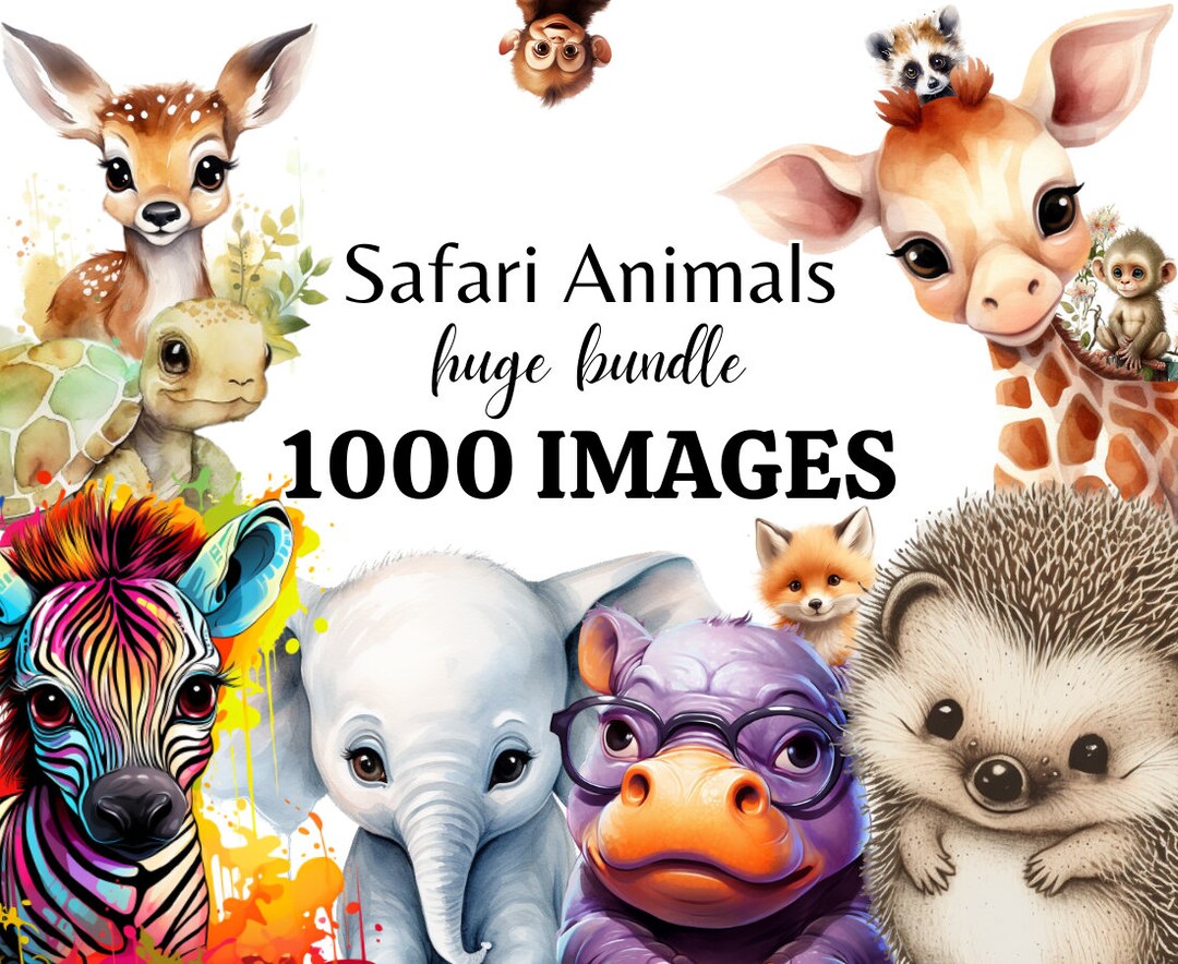 Safari Animals Clipart Bundle - 1000 Images, Watercolor Baby Animal ...