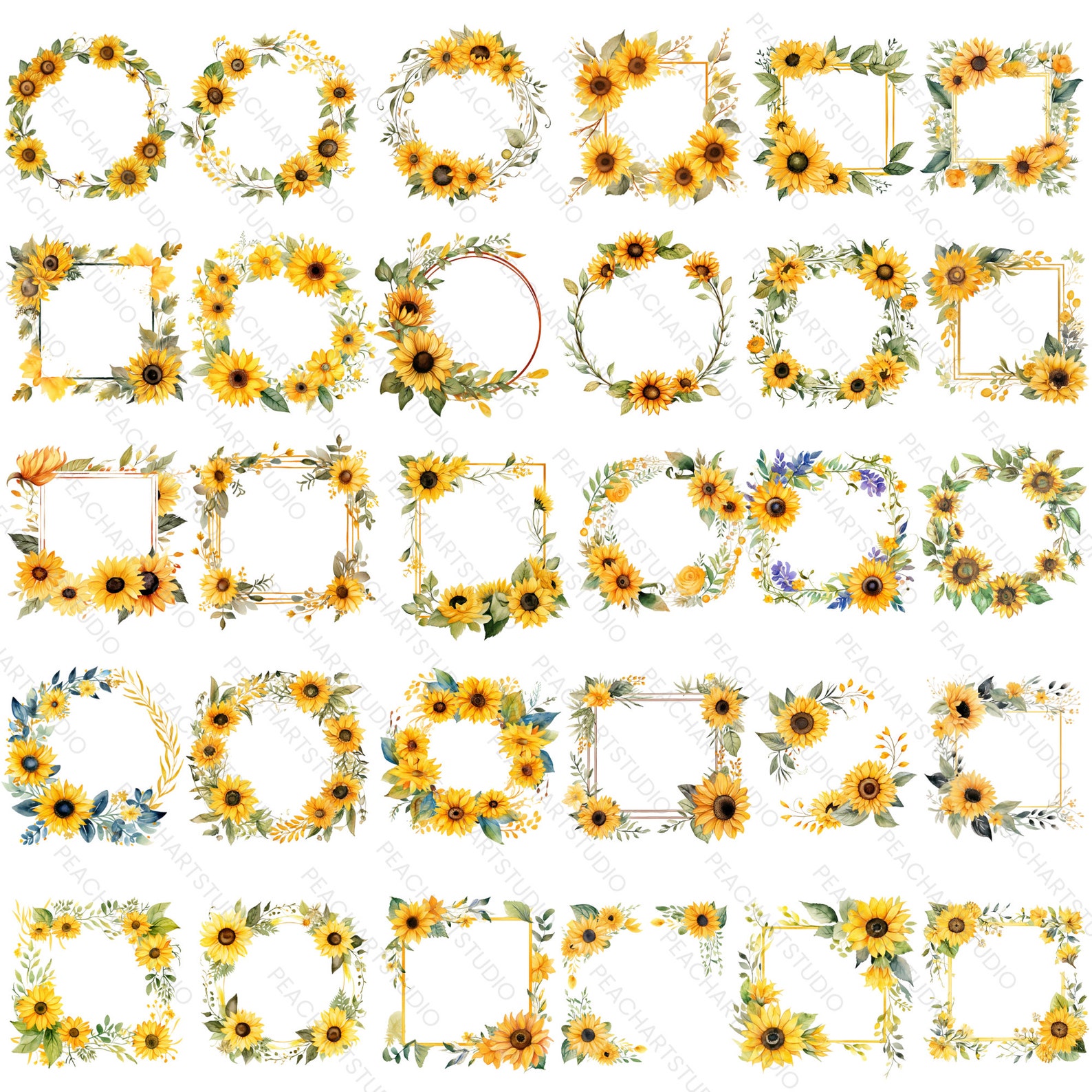 Sunflower Frame Clipart Bundle - 50 Images. Watercolor Floral Clipart ...
