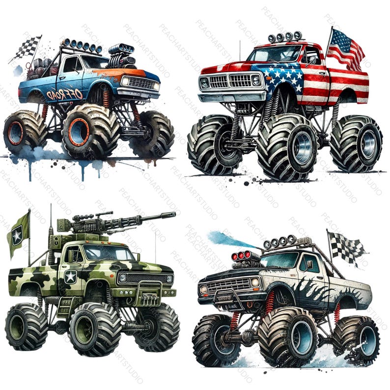 Watercolor Monster Truck Clipart Bundle - 20 Designs. Monster Truck Png ...