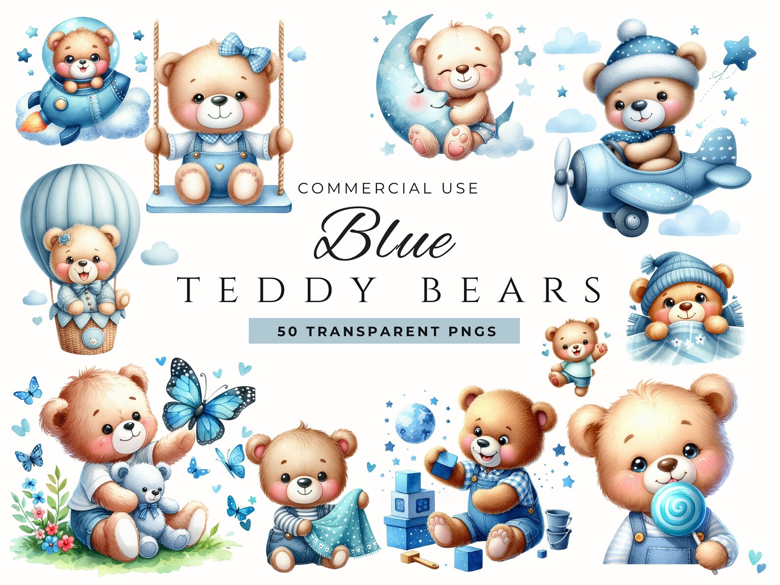 Watercolor Blue Teddy Bear Clipart Baby Shower, Cute Teddy Bear, Blue ...
