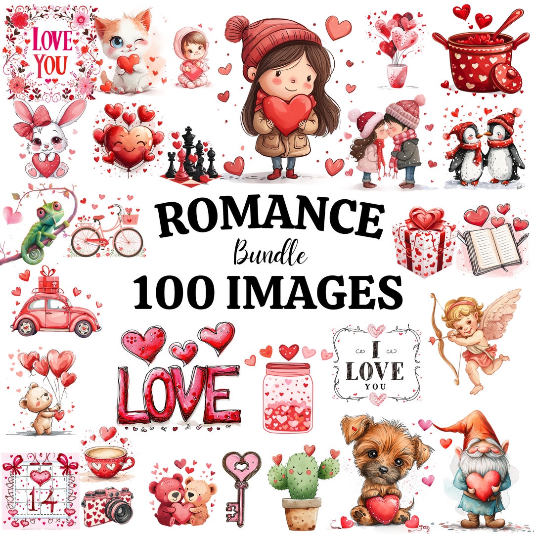 Valentine’s Day Romance Bundle - 100 PNG Romantic Hearts Love Clip Art ...