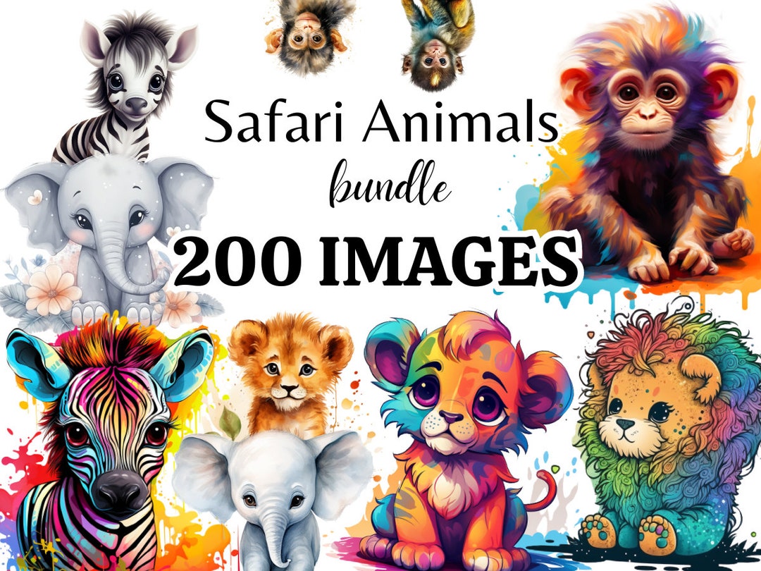 200 Watercolor Safari Baby Animals Clipart Png Elephant Zebra Monkey ...